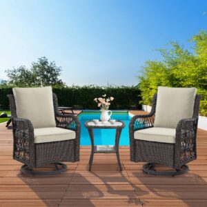 garveelife 3 pieces outdoor swivel rocker chair set, outdoor swivel glider rocker, outdoor rocking chair set with glass top table with thick cushions for backyard, balcony, deck