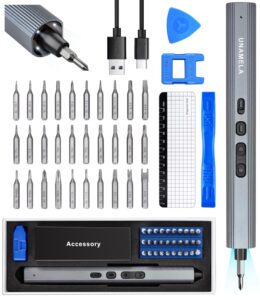 mini electric screwdriver set upgraded: unamela small electric precision screwdriver cordless - 30 s2 bits, 3 torque settings, 4 led lights, power screwdriver repair tool kit for pc rc electronics