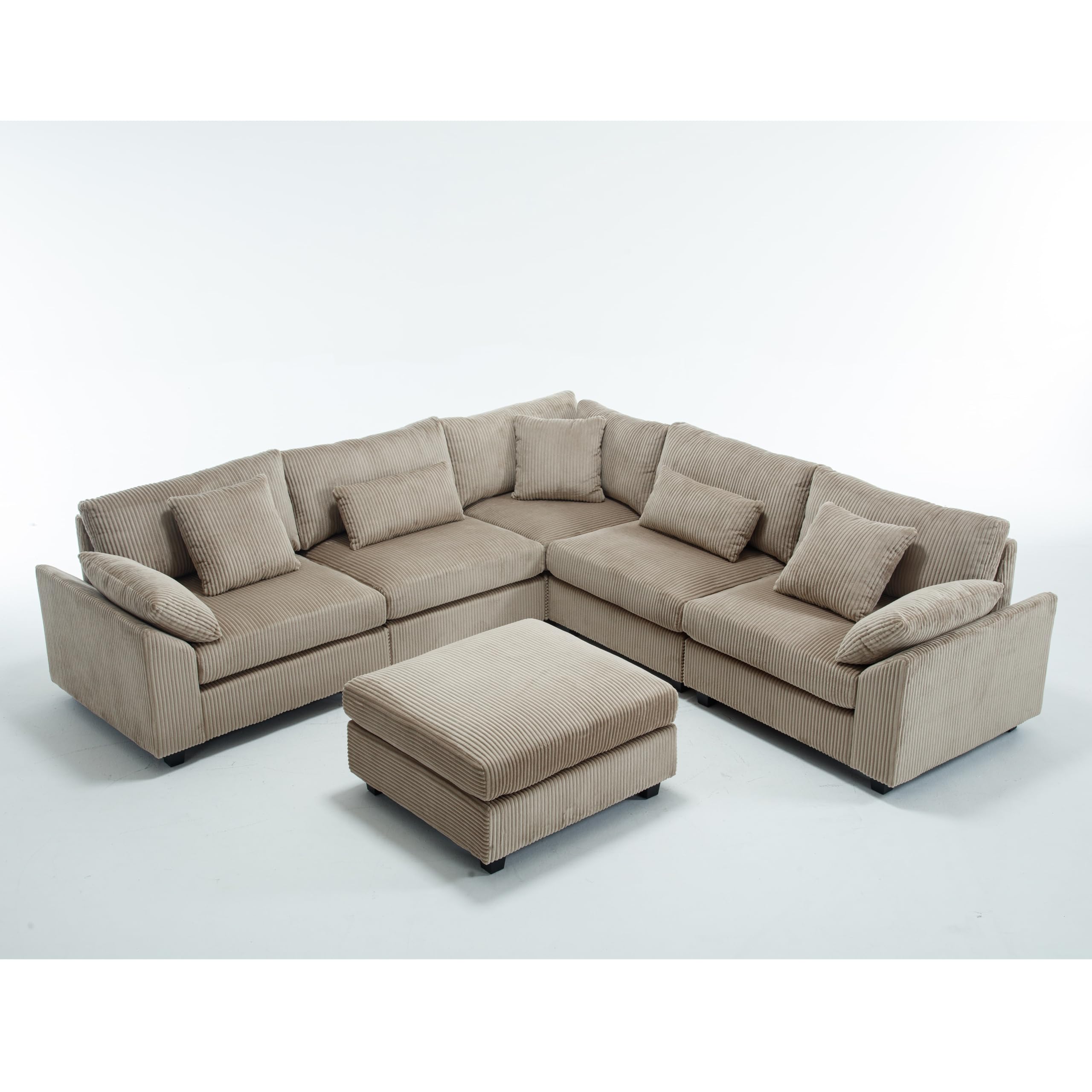 110.6"*110.6" Oversized Corner Modular Sectional Sofa Set, Modern L-Shaped Couch with Movable Ottoman and 7 Pillows, Comfy Corduroy Fabric Deep Seat 6 Seater Cloud Couch for Living Room (Brown)