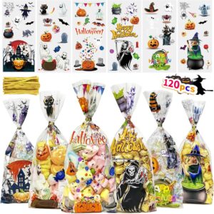 wzwxxq 120 pcs halloween cellophane treat bags,halloween candy bags with 140 pcs gold twist ties, trick or treat goodie bags for halloween party supply-10.6 * 5.1 inch