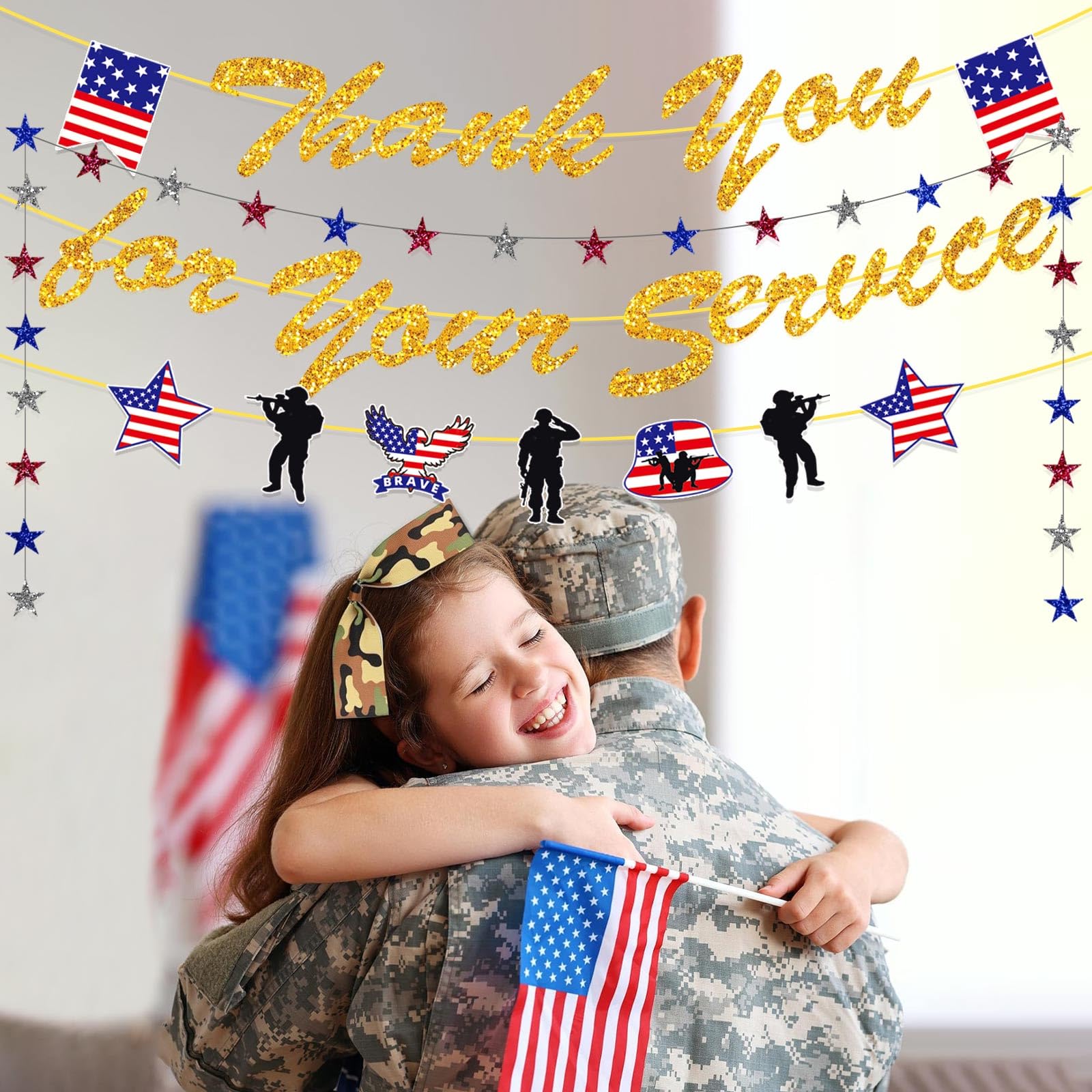 Veterans Day Banner, Veterans Day Decorations Thank You for Your Service Banner, Memorial Day Patriotic Party Military Decorations, Glitter Thankful Banner Garland Backdrop Patriotic Party Supplies