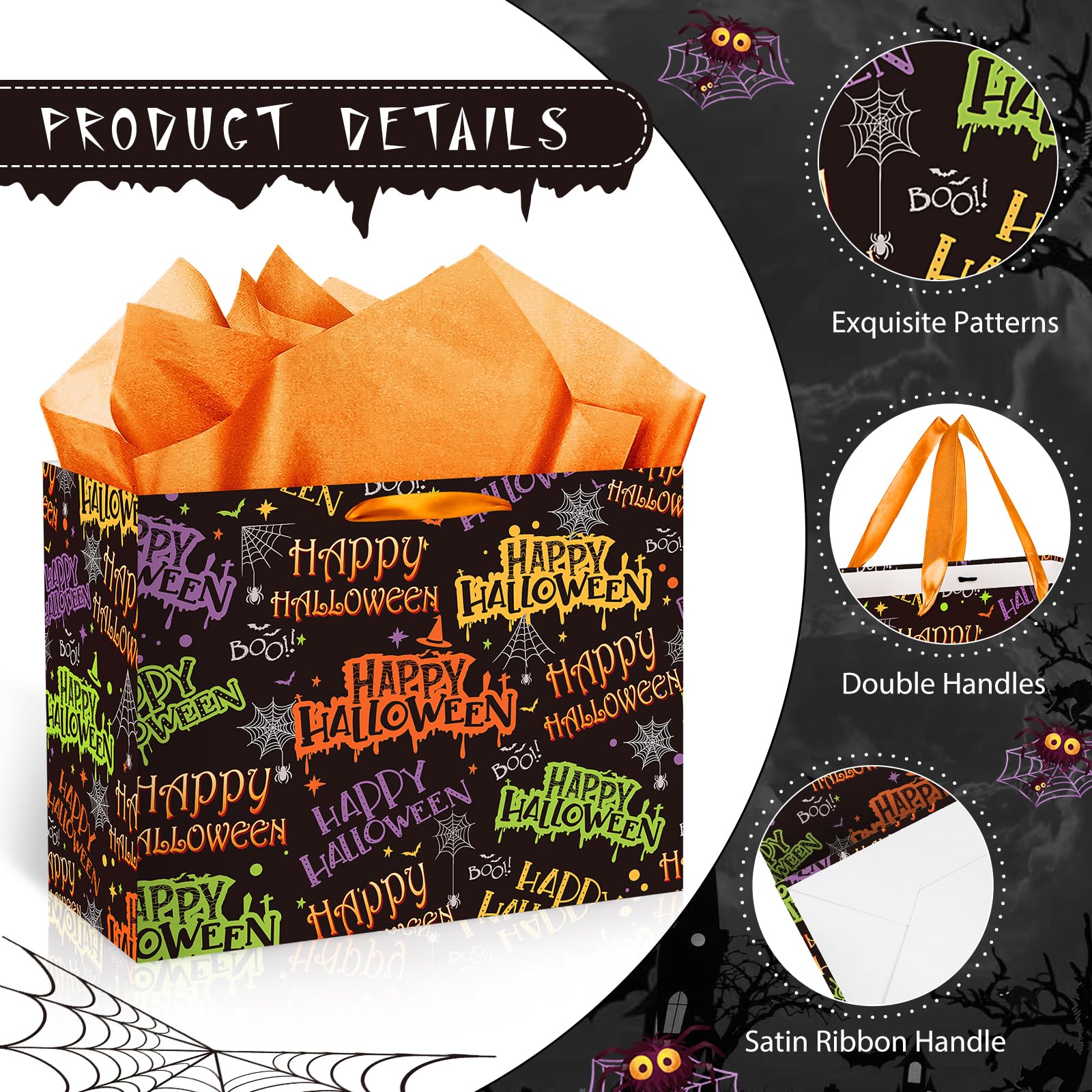 CASLON Happy Halloween Bag Orange Halloween Boo Candy Bag with Tissue Paper and Card Halloween Spider Favor with Spider Webs Goodie Bag for Trick or Treat Happy Halloween Party Supplies