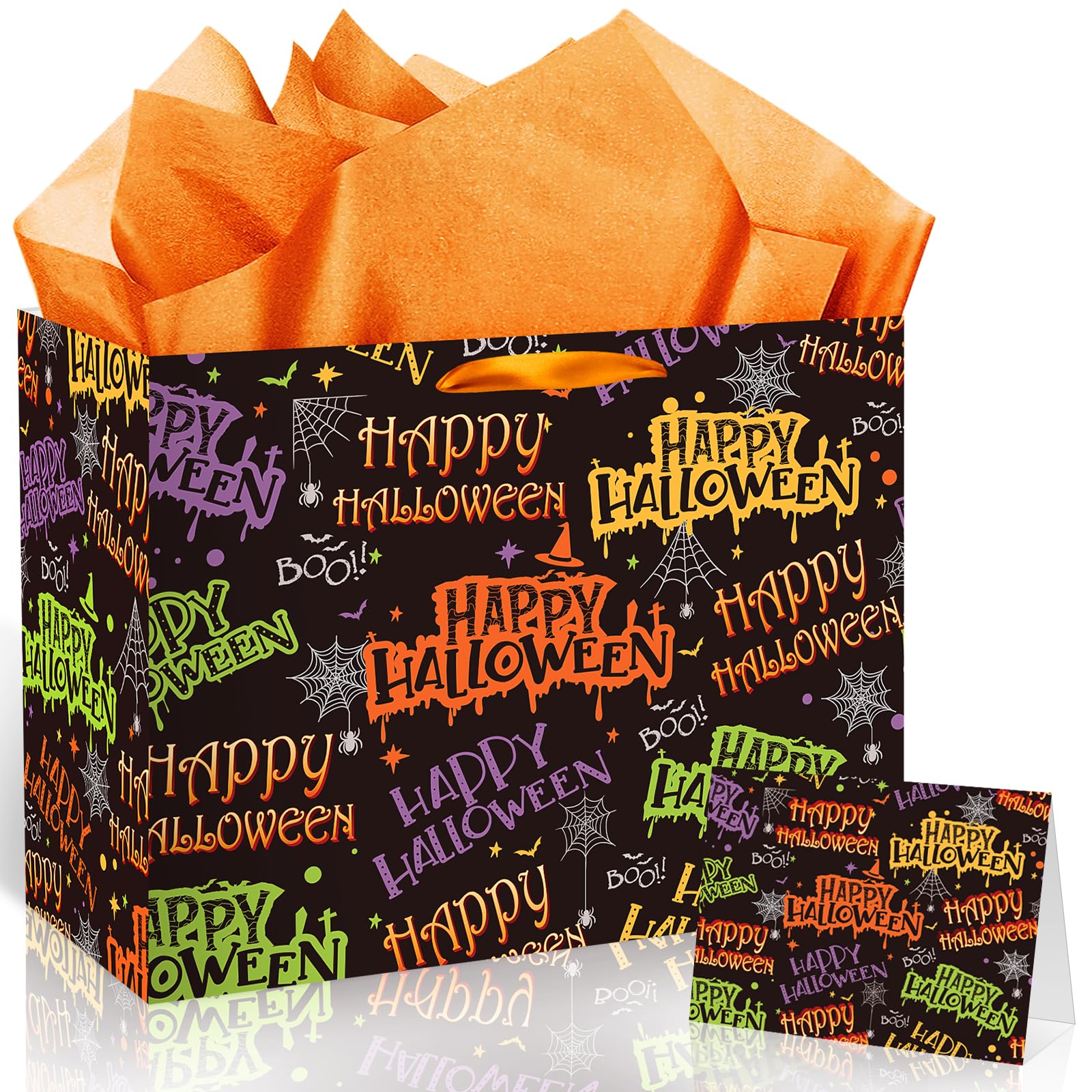 CASLON Happy Halloween Bag Orange Halloween Boo Candy Bag with Tissue Paper and Card Halloween Spider Favor with Spider Webs Goodie Bag for Trick or Treat Happy Halloween Party Supplies