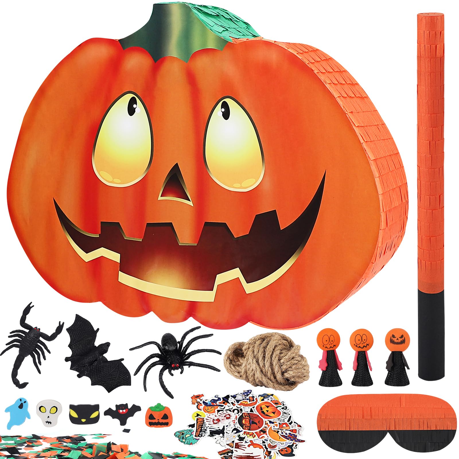 Halloween Pumpkin Piñata - 74pc Set: Complete Party Game with Toys, Goodie Bags, Bat & Blindfold - Perfect for Kids' Birthdays, Classroom Prizes & Festive Decorations