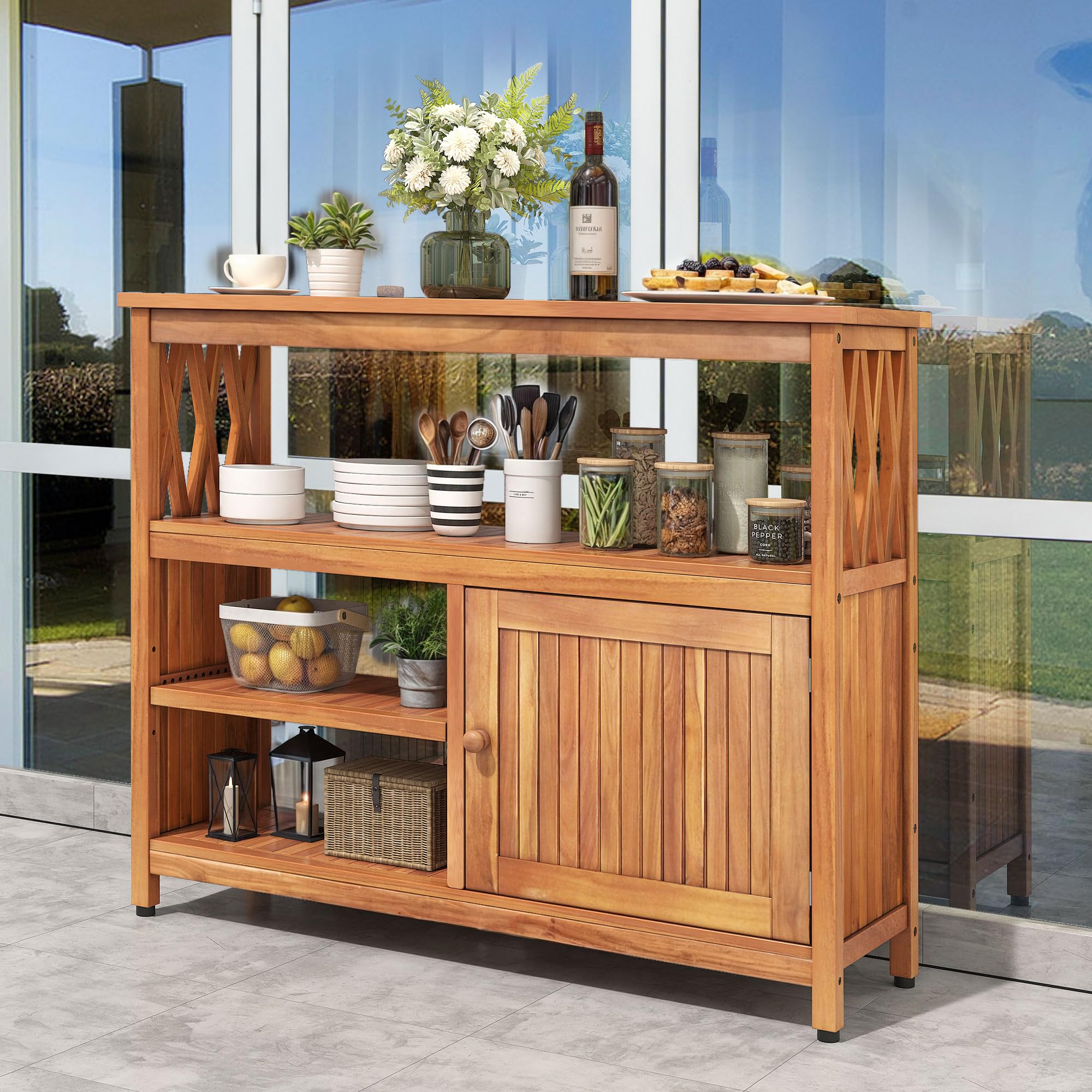 YITAHOME Acacia Wood Patio Bar Table with Storage and Shelves, Outdoor Sideboard Storage Cabinet for Outdoor and Indoor Use, Suitable for Garden Patio Balcony Living Room, Natural