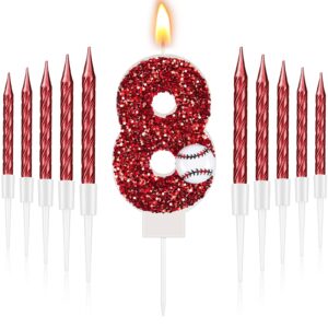 mtlee baseball birthday number 8 candle with 10 long thin cupcake candle red baseball cake topper sequins sports theme baseball birthday decorations party cake candles for anniversary celebrations