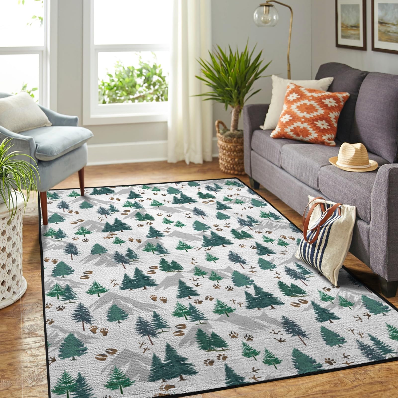 Hwmmbh Green Pine Forest Animals Tracks Area Rugs Woodland Pine Trees Paws Mountain Large Floor Carpet Wild Animal Throw Mat for Living Room Kids Toddler Nursery Bedroom Kitchen Bathroom Rug