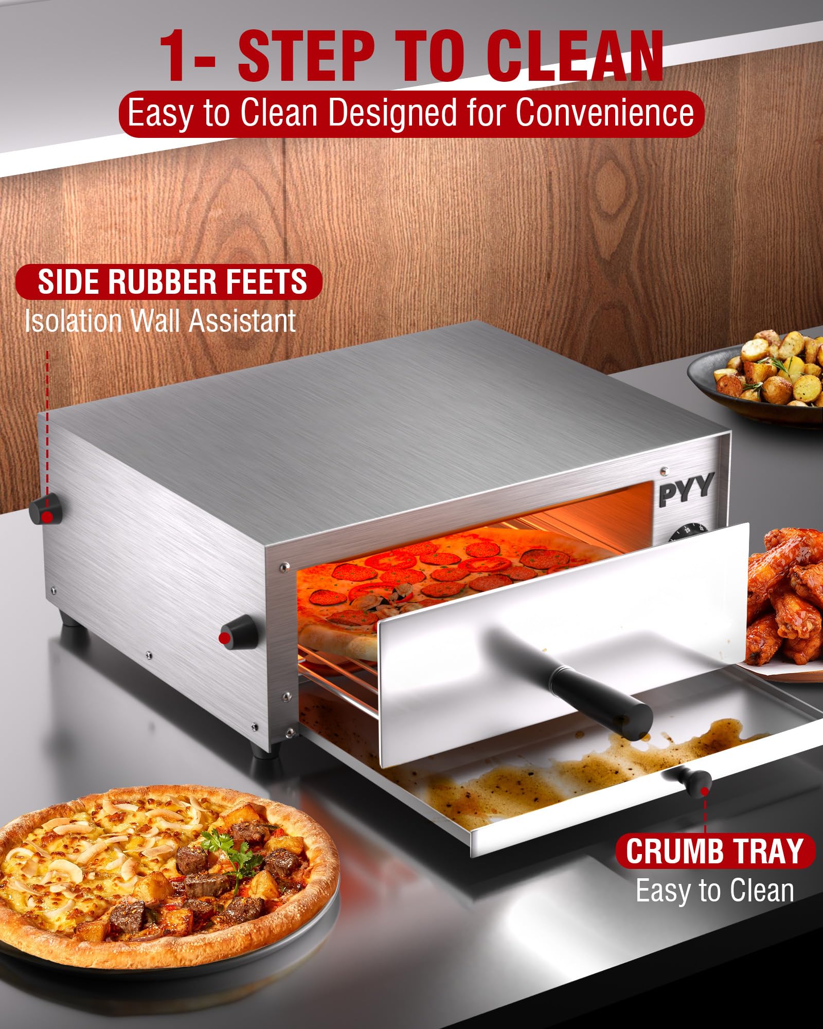 PYY Commercial Pizza Oven Electric up to 12 Inch Table Top Pizza Oven Indoor Stainless Steel Professional Pizza Cooker Baker Countertop with Timer & Crumb Tray for Commercial Kitchen Restaurant 1100W