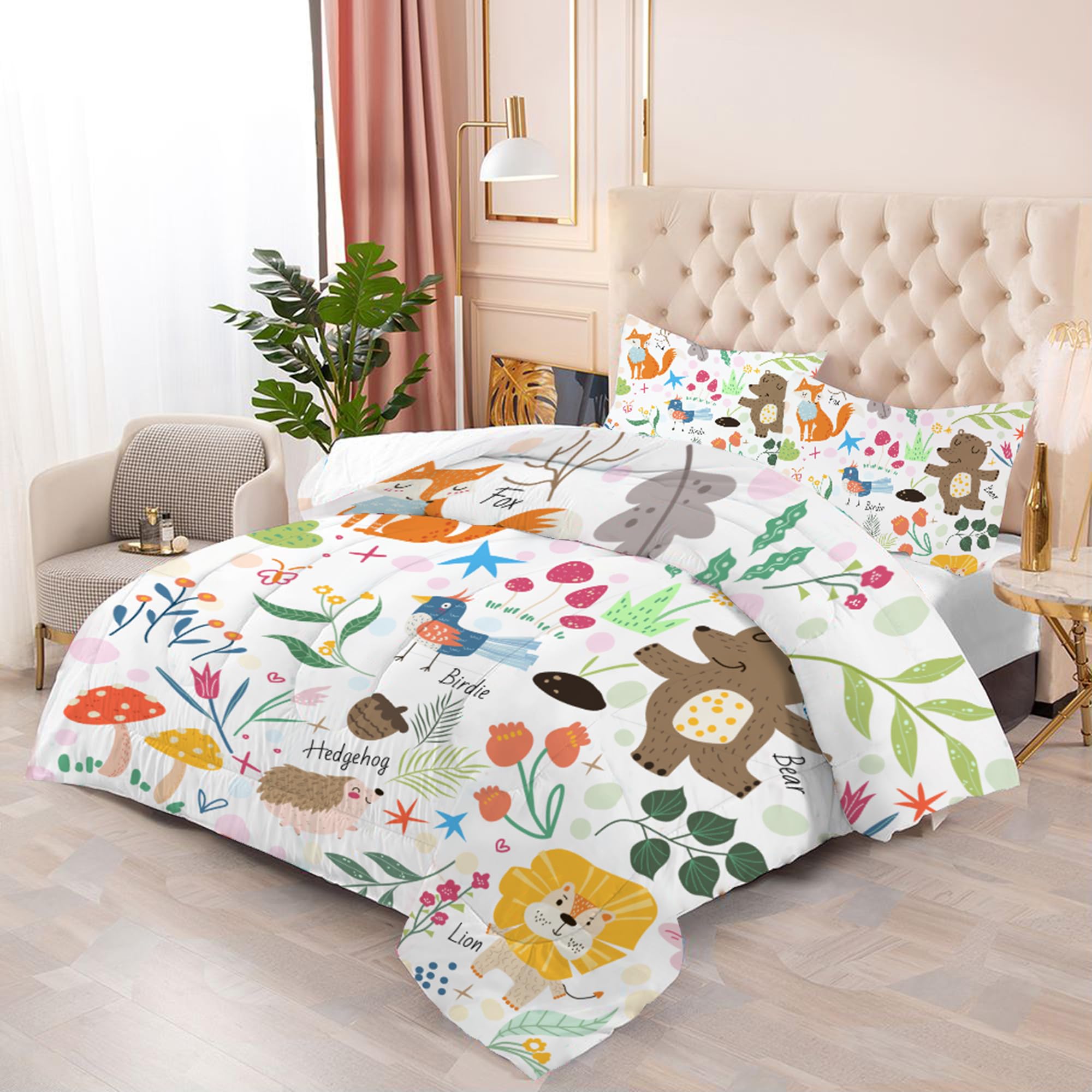 EDGZKO Comforter Set Cartoon Animals: Twin Size Cute Bedding Set for Kids Teen Girls Toddler Boys Kawaii Fox Bear Lion Flowers Soft Quilt Duvet Bed Sets 1 Comforter & 1 Pillow Case