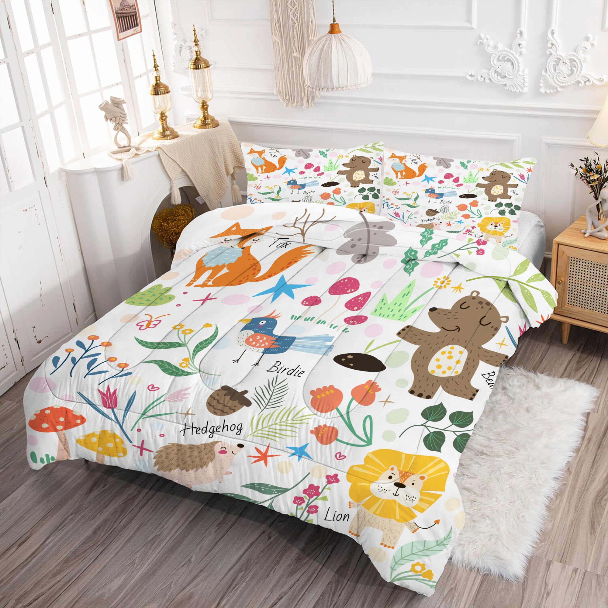 EDGZKO Comforter Set Cartoon Animals: Twin Size Cute Bedding Set for Kids Teen Girls Toddler Boys Kawaii Fox Bear Lion Flowers Soft Quilt Duvet Bed Sets 1 Comforter & 1 Pillow Case