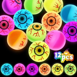 12pcs halloween party favors, glowing bouncy balls, rubber halloween toys for trick or treat, 30mm halloween eyeballs in 6 designs for kids adults halloween goodie bag stuffers party present decor