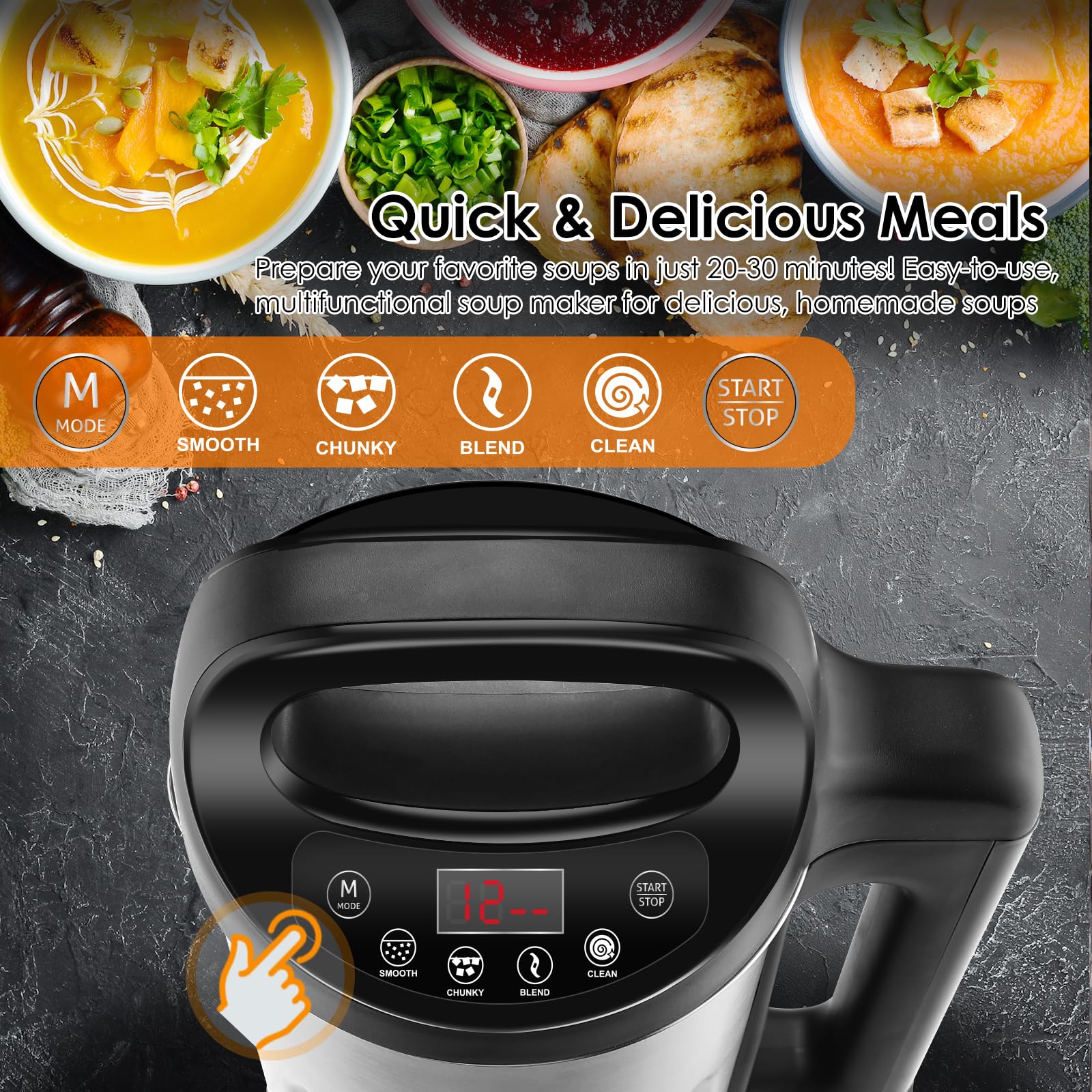 1.6L Soup Maker Machine, Stainless Steel Programmable Soup Maker with Smooth & Chunky Settings, Anti-Dry Burn, Overfill Sensors, and Self-Cleaning Mode for Quick Soups, Baby Food, and Home Use Black