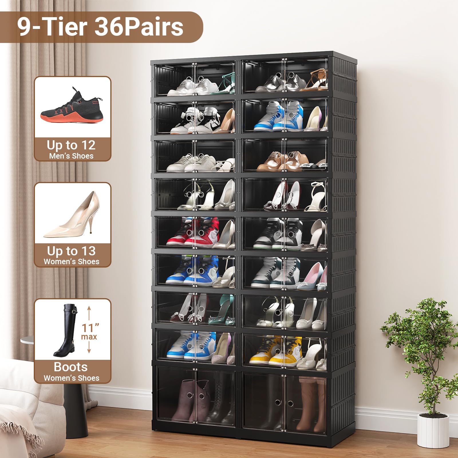 BROVIEW 9 Tiers 36 Pairs Foldable Shoe Rack, Tall Plastic Shoe Boxes Organizer for Closet Entryway, Large Shoe Storage Container Sneaker Cabinet Bin with Magnetic Clear Door, Black