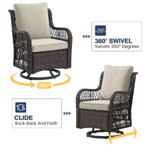 GarveeLife 3 Pieces Outdoor Swivel Rocker Chair Set, Outdoor Swivel Glider Rocker, Outdoor Rocking Chair Set with Glass Top Table with Thick Cushions for Backyard, Balcony, Deck