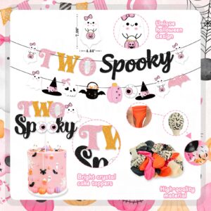 K KUMEED Pink Halloween 2nd Birthday Decorations,Two Spooky Themed Banner,Cute Ghost Eyeballs Hat Cake Topper and Latex Balloons for Girls Halloween 2 Year Old Party Supplies