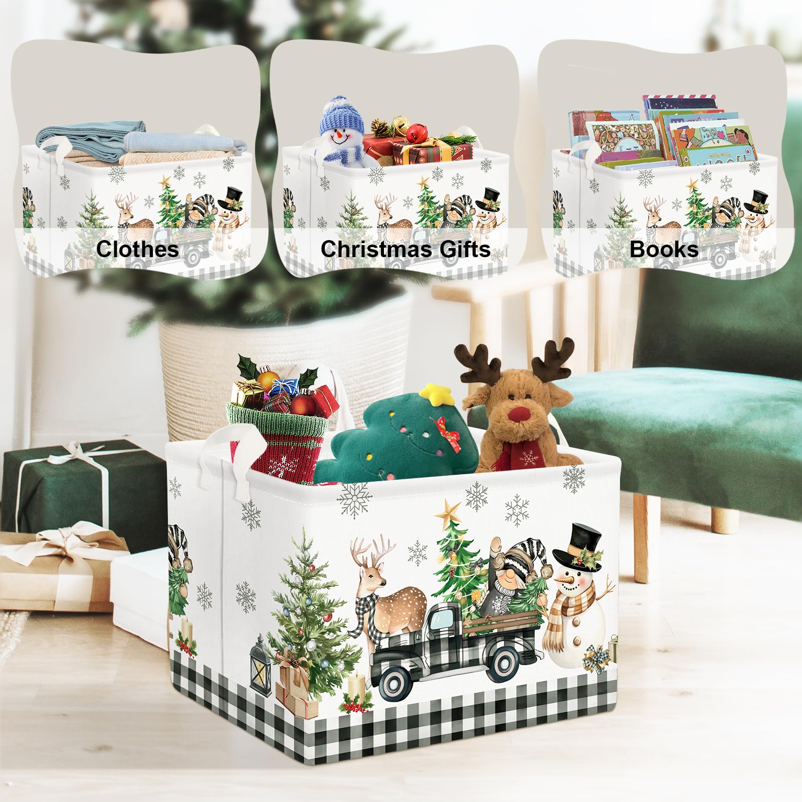 Clastyle Brown Plaid Snowman Christmas Tree Gift Basket Large Winter Deer Gnome Truck Snowflake Nursery Bin Cube Collapsible Rectangle Kid Clothes Toy Book Shelf Basket