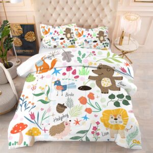 edgzko comforter set cartoon animals: twin size cute bedding set for kids teen girls toddler boys kawaii fox bear lion flowers soft quilt duvet bed sets 1 comforter & 1 pillow case