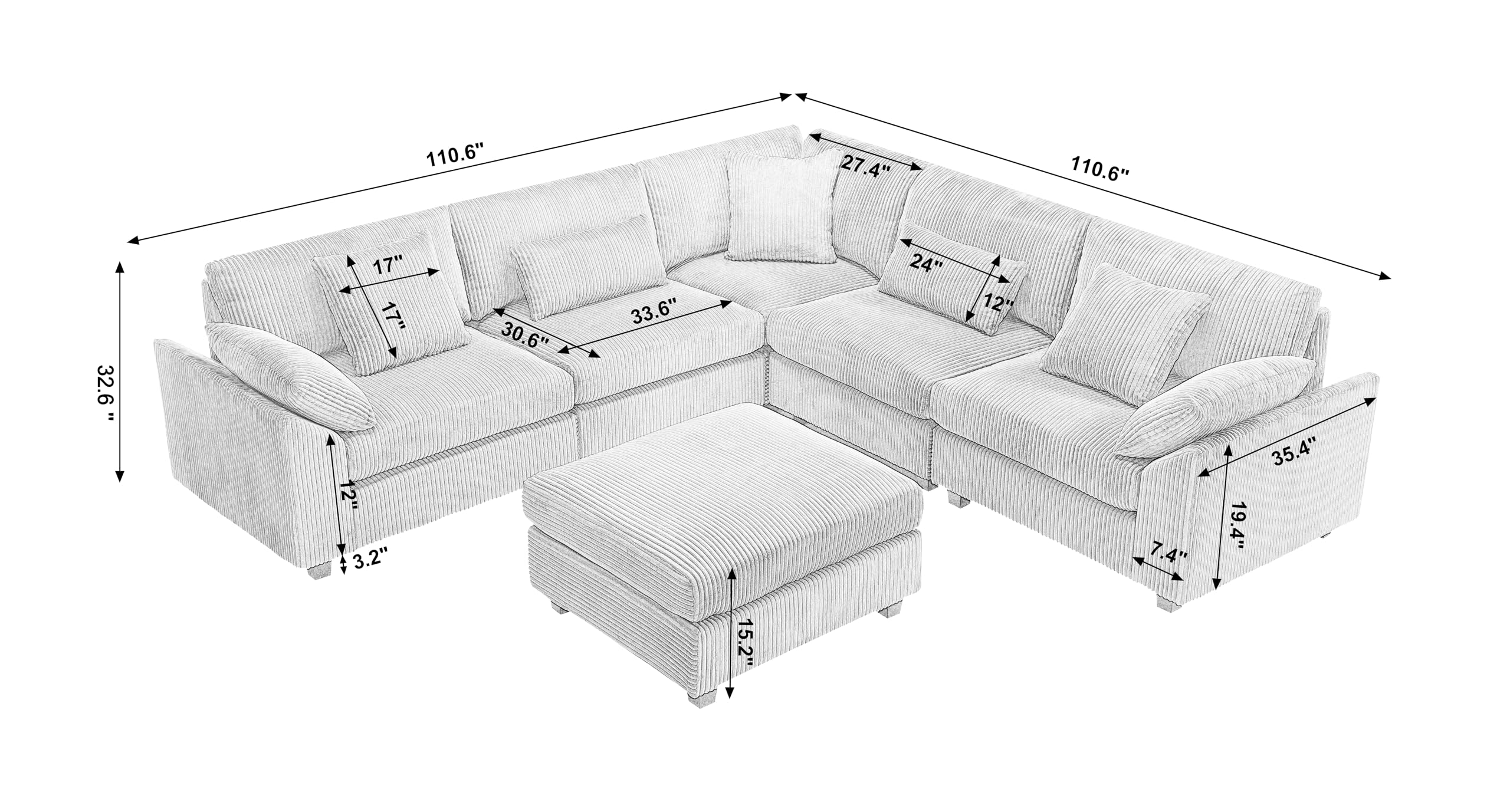 110.6"*110.6" Oversized Corner Modular Sectional Sofa Set, Modern L-Shaped Couch with Movable Ottoman and 7 Pillows, Comfy Corduroy Fabric Deep Seat 6 Seater Cloud Couch for Living Room (Brown)