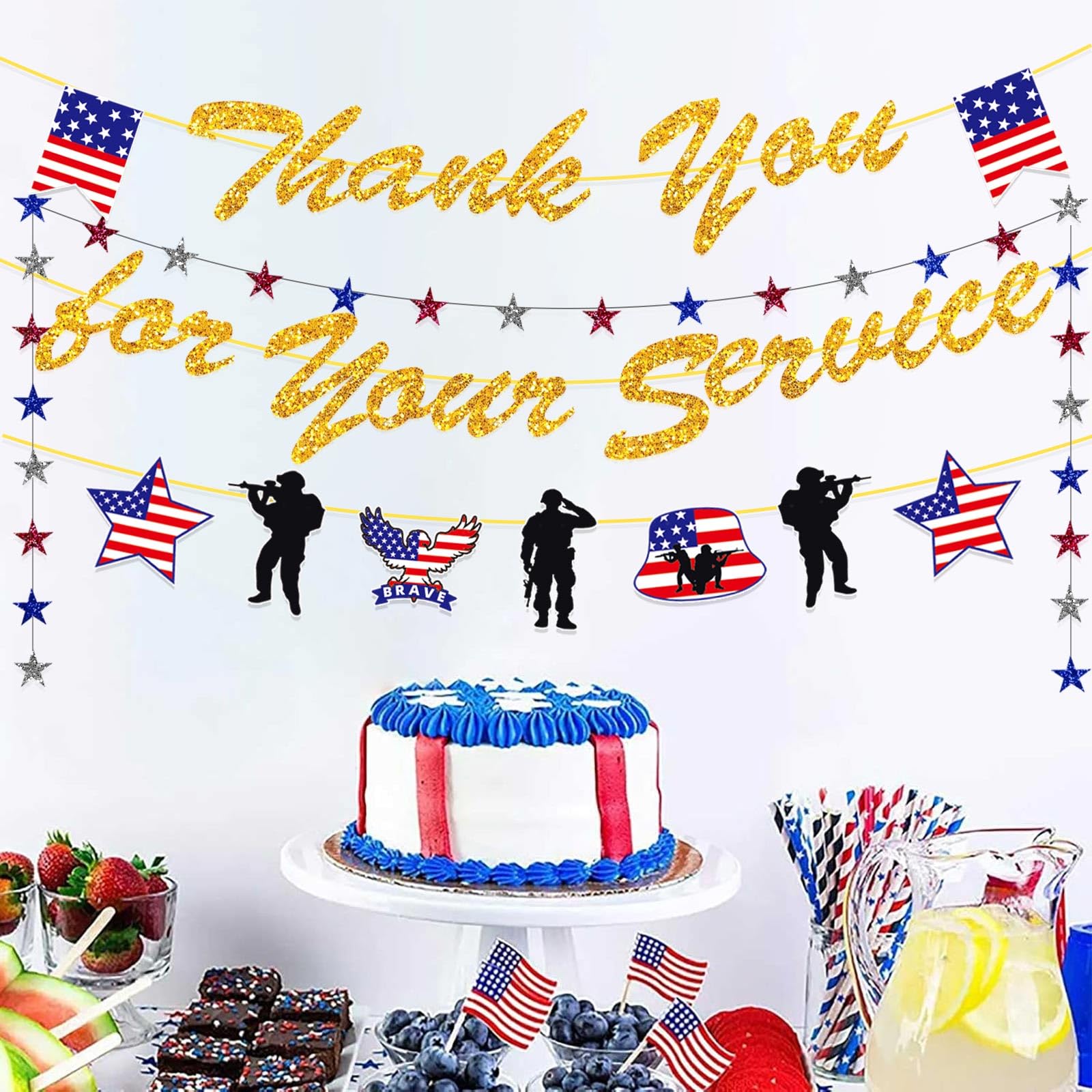 Veterans Day Banner, Veterans Day Decorations Thank You for Your Service Banner, Memorial Day Patriotic Party Military Decorations, Glitter Thankful Banner Garland Backdrop Patriotic Party Supplies