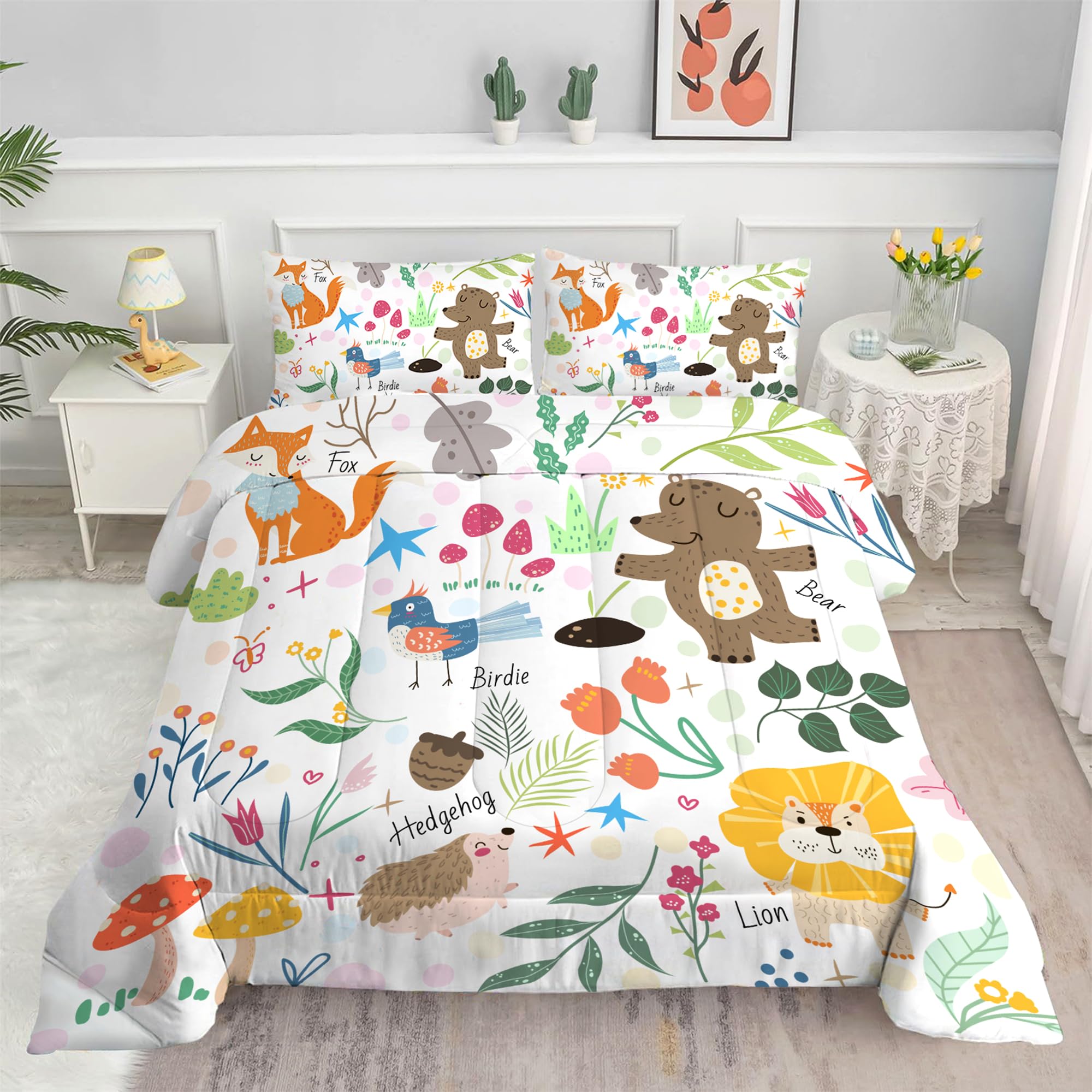 EDGZKO Comforter Set Cartoon Animals: Twin Size Cute Bedding Set for Kids Teen Girls Toddler Boys Kawaii Fox Bear Lion Flowers Soft Quilt Duvet Bed Sets 1 Comforter & 1 Pillow Case