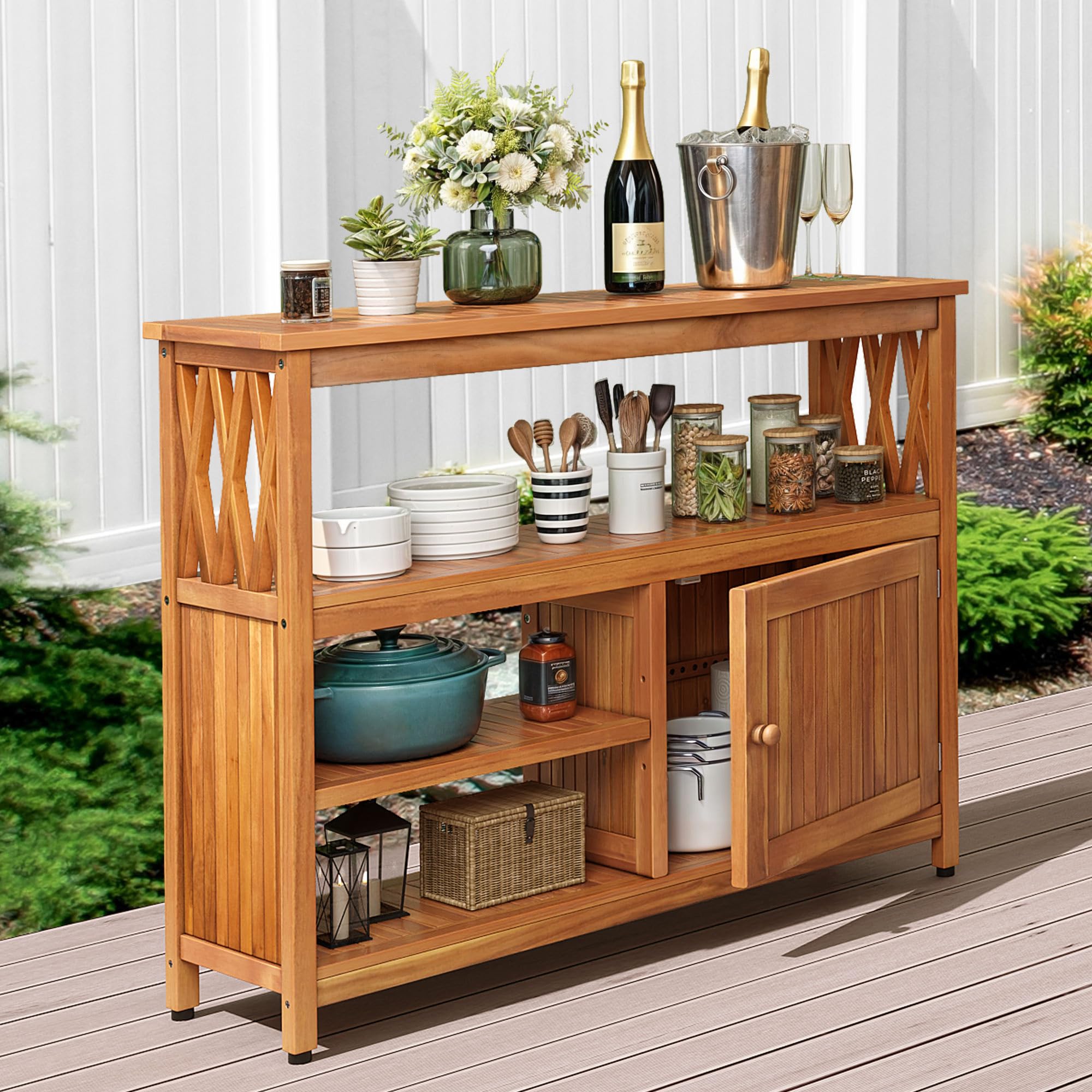 YITAHOME Acacia Wood Patio Bar Table with Storage and Shelves, Outdoor Sideboard Storage Cabinet for Outdoor and Indoor Use, Suitable for Garden Patio Balcony Living Room, Natural