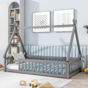 dreambuck twin size toddler floor bed, montessori floor bed with fence and safety guardrails, solid pine tent-shaped floor bed frame for kids toddlers girls boys, wood slat support, grey