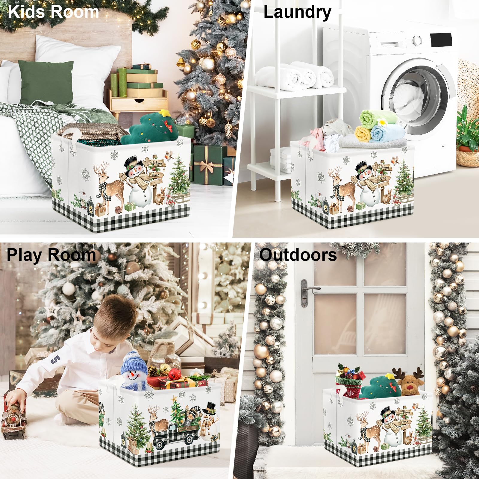 Clastyle Brown Plaid Snowman Christmas Tree Gift Basket Large Winter Deer Gnome Truck Snowflake Nursery Bin Cube Collapsible Rectangle Kid Clothes Toy Book Shelf Basket