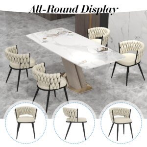 Homedraft Woven Dining Chairs Set of 6, Modern Hand Weaving Dining Chair with Black Metal Legs, Upholstered Club Chairs with Black Frame for Dining Room, Kitchen, Vanity, Beige