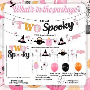 K KUMEED Pink Halloween 2nd Birthday Decorations,Two Spooky Themed Banner,Cute Ghost Eyeballs Hat Cake Topper and Latex Balloons for Girls Halloween 2 Year Old Party Supplies