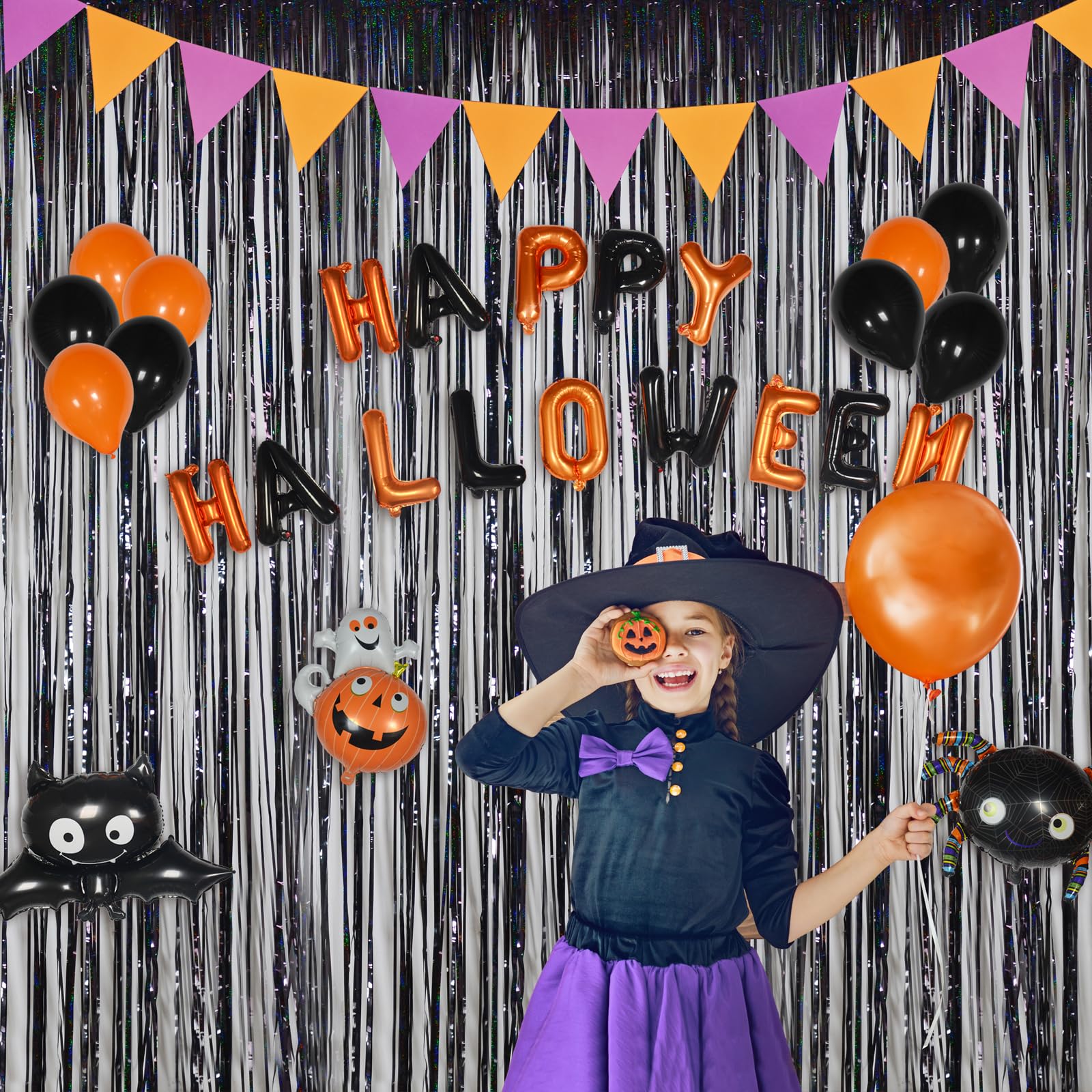 Happy Halloween Party Decorations, Melsan Halloween Banner Black and Orange Balloons, Spider, Bat, Pumpkin with Ghost Balloons - Perfect Halloween Party Supplies for Kids and Adults