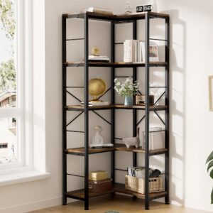 gujiam 5-tier corner bookshelf, 70.86" tall corner bookcase,5-shelf industrial l-shaped coner shelf with metal frame for home office,living room,bed room(rustic brown)