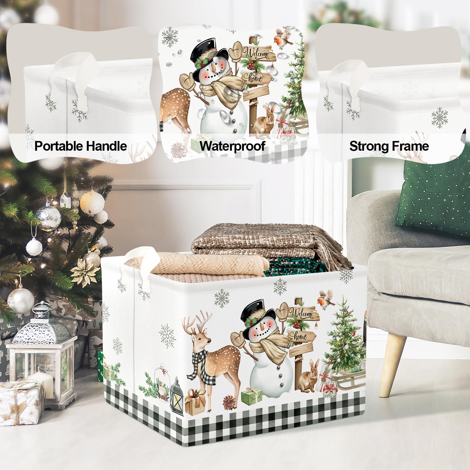 Clastyle Brown Plaid Snowman Christmas Tree Gift Basket Large Winter Deer Gnome Truck Snowflake Nursery Bin Cube Collapsible Rectangle Kid Clothes Toy Book Shelf Basket