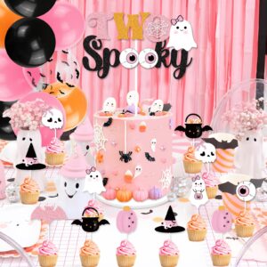 K KUMEED Pink Halloween 2nd Birthday Decorations,Two Spooky Themed Banner,Cute Ghost Eyeballs Hat Cake Topper and Latex Balloons for Girls Halloween 2 Year Old Party Supplies