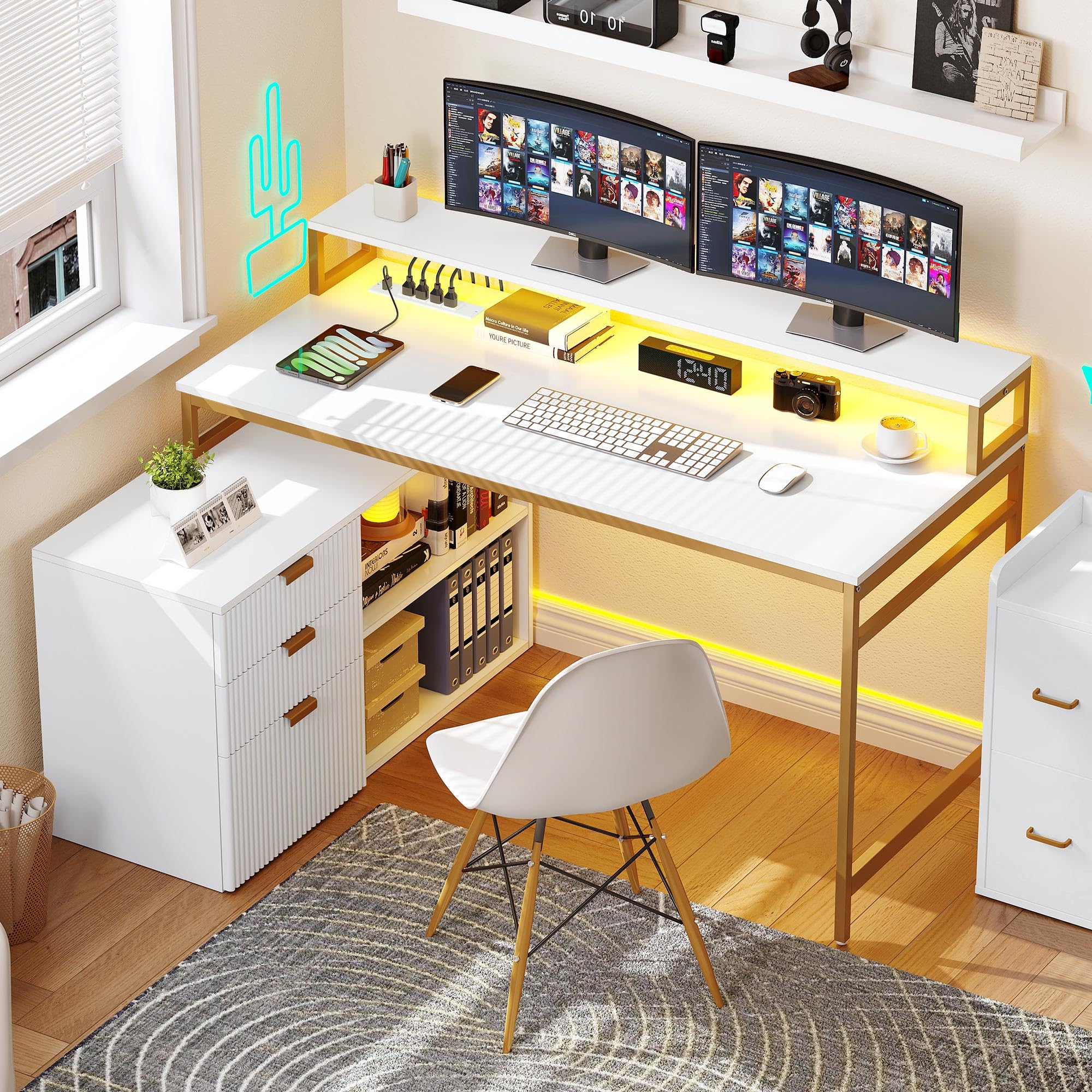 YITAHOME L Shaped Desk with Power Outlets and LED Lights, 55" Computer Desk with Drawers, Corner Office Desk with File Cabinet for Home Office, White & Gold