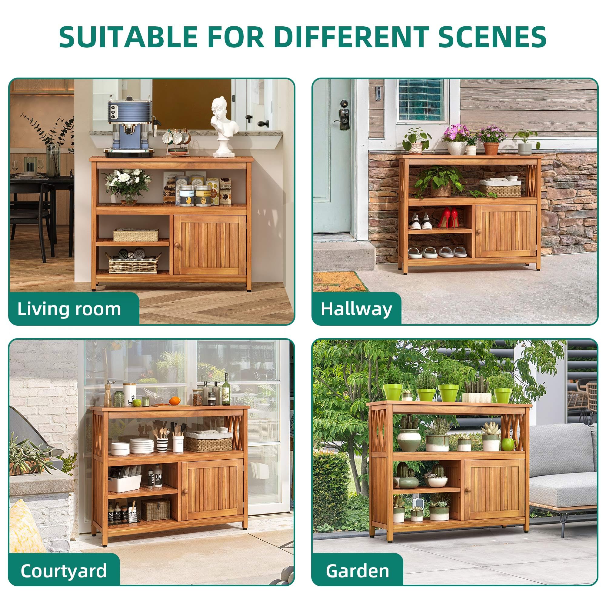 YITAHOME Acacia Wood Patio Bar Table with Storage and Shelves, Outdoor Sideboard Storage Cabinet for Outdoor and Indoor Use, Suitable for Garden Patio Balcony Living Room, Natural