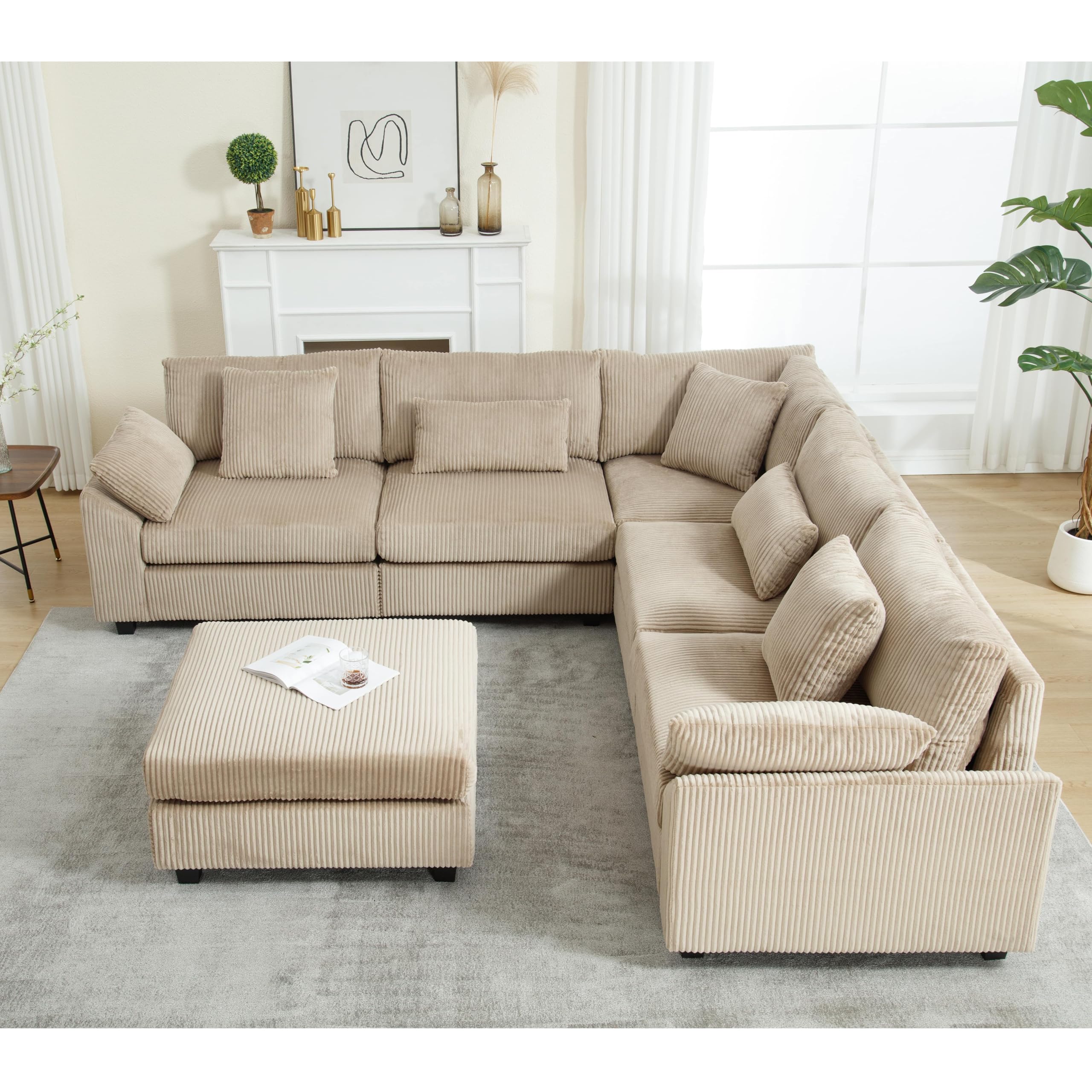 110.6"*110.6" Oversized Corner Modular Sectional Sofa Set, Modern L-Shaped Couch with Movable Ottoman and 7 Pillows, Comfy Corduroy Fabric Deep Seat 6 Seater Cloud Couch for Living Room (Brown)