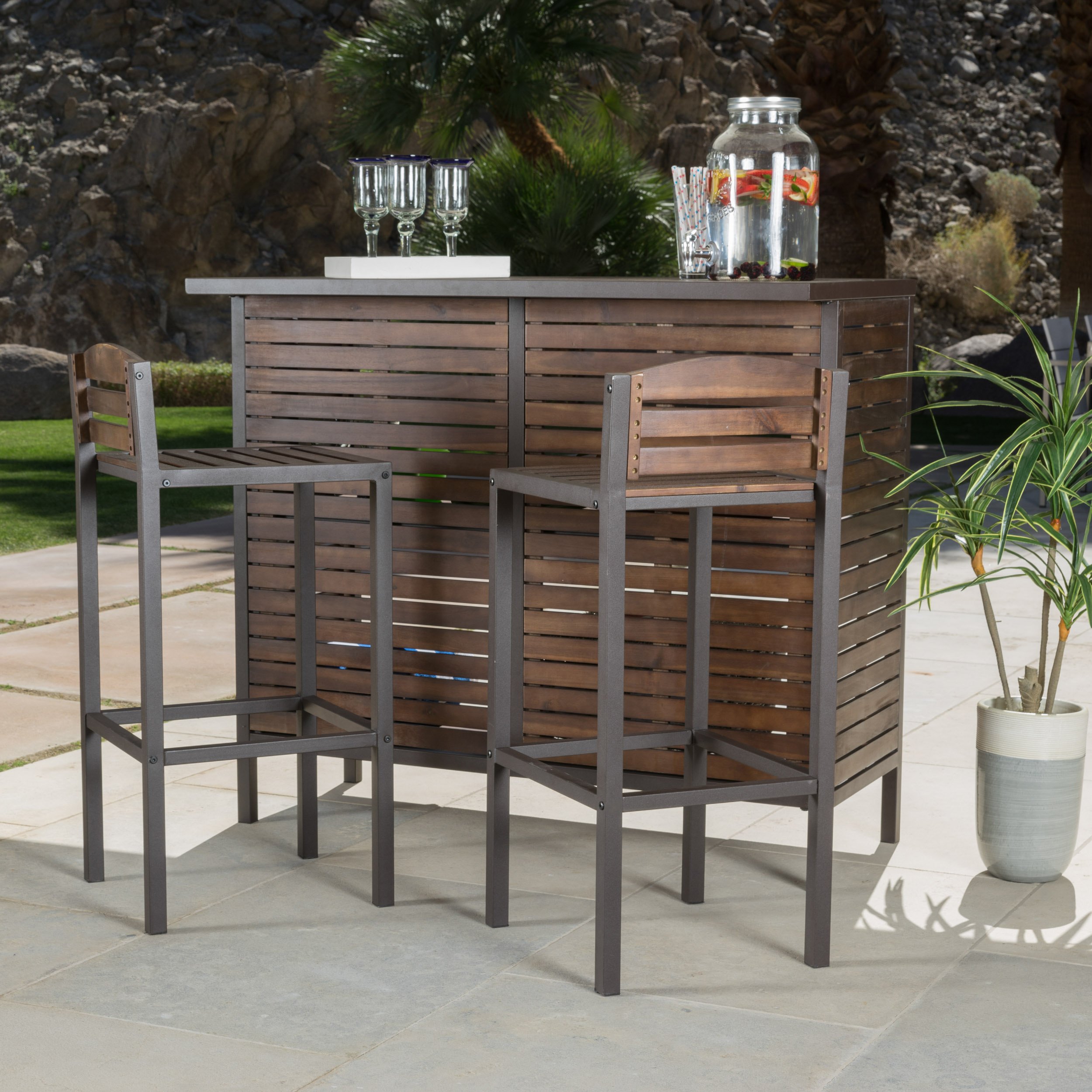 Christopher Knight Home Milos Indoor/Outdoor Acacia Wood 3 Piece Bar Set, 15.75 "W x 17.5 "D x 37.75 "H, Dark Brown + Rustic Metal