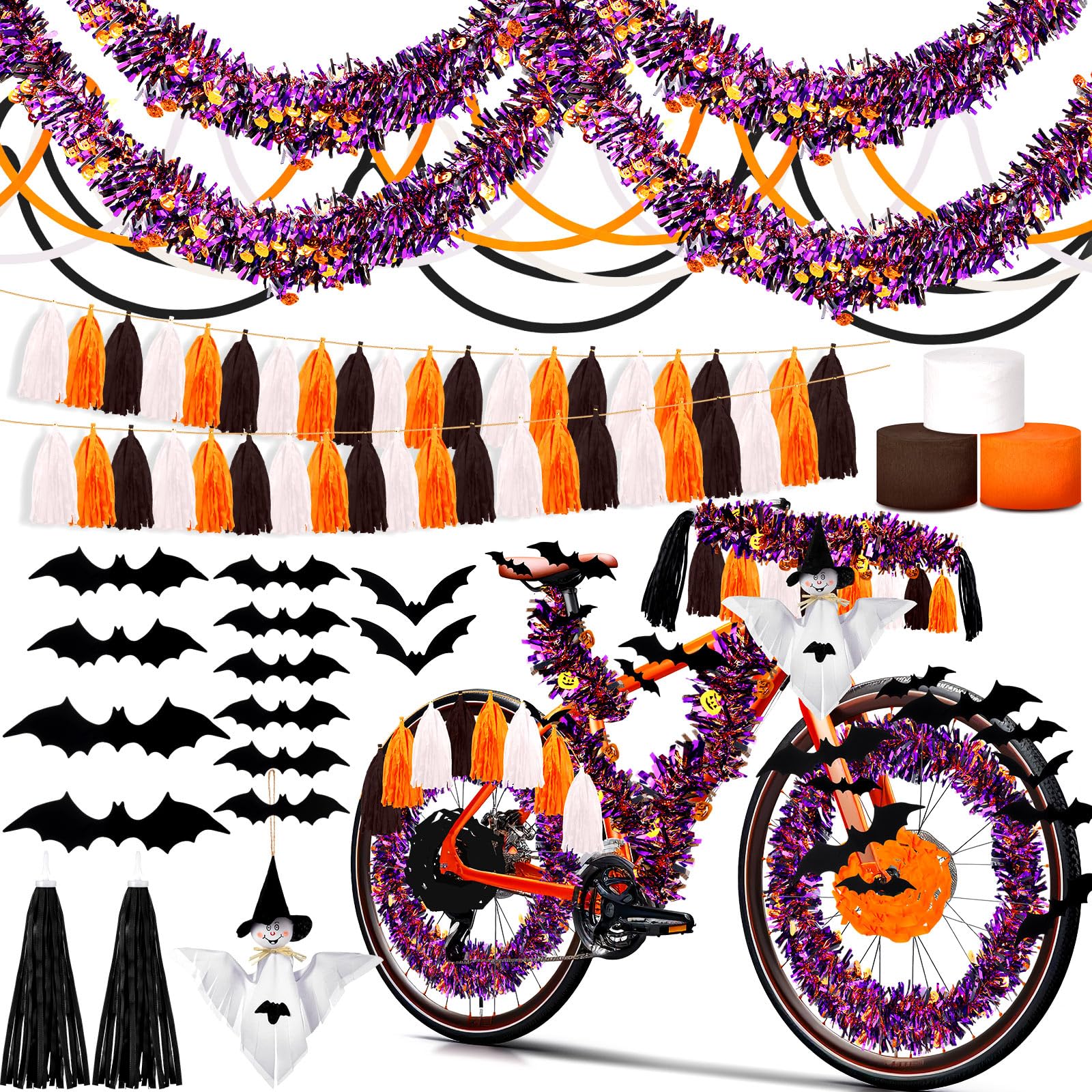 Dispowreath 35 Pcs Halloween Bike Decorations Kit Bike Streamers Tassels Tinsel Garlands White Ghost Pendant Bat Sticker Black Orange and White Crepe Paper for Kids Adult Bicycle Parade Party Favor