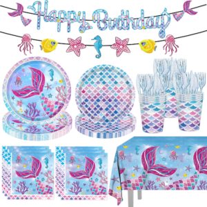 sjjpdyy 170pcs mermaid birthday party decorations set mermaid party supplies includes plates, napkin, fork, cup, tablecloth, banner for baby shower ocean birthday party decorations, serves 24