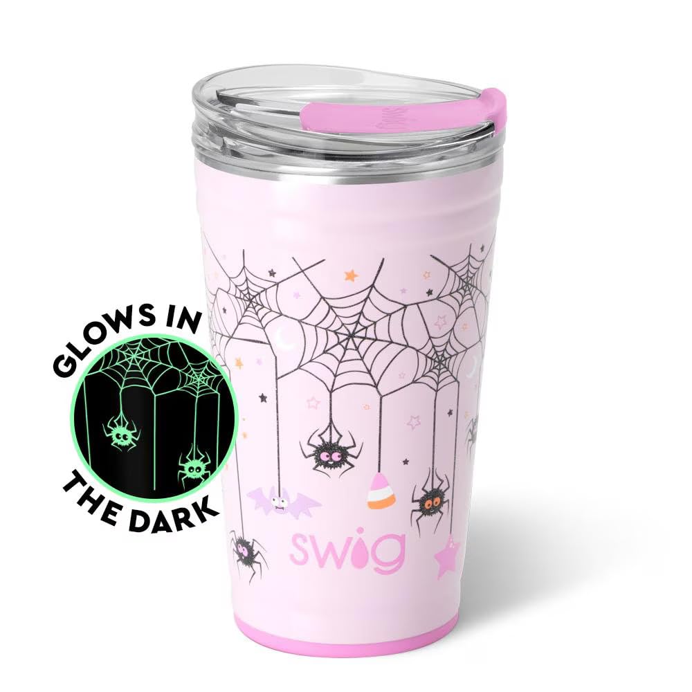 Swig Life 24oz Party Cup, Stackable Insulated Travel Coffee Tumbler with EZ Slider Lid, Cup Holder Friendly Travel Thermos, Stainless Steel 24 oz Tumbler, Reusable Coffee Mug (Sweet And Spooky)