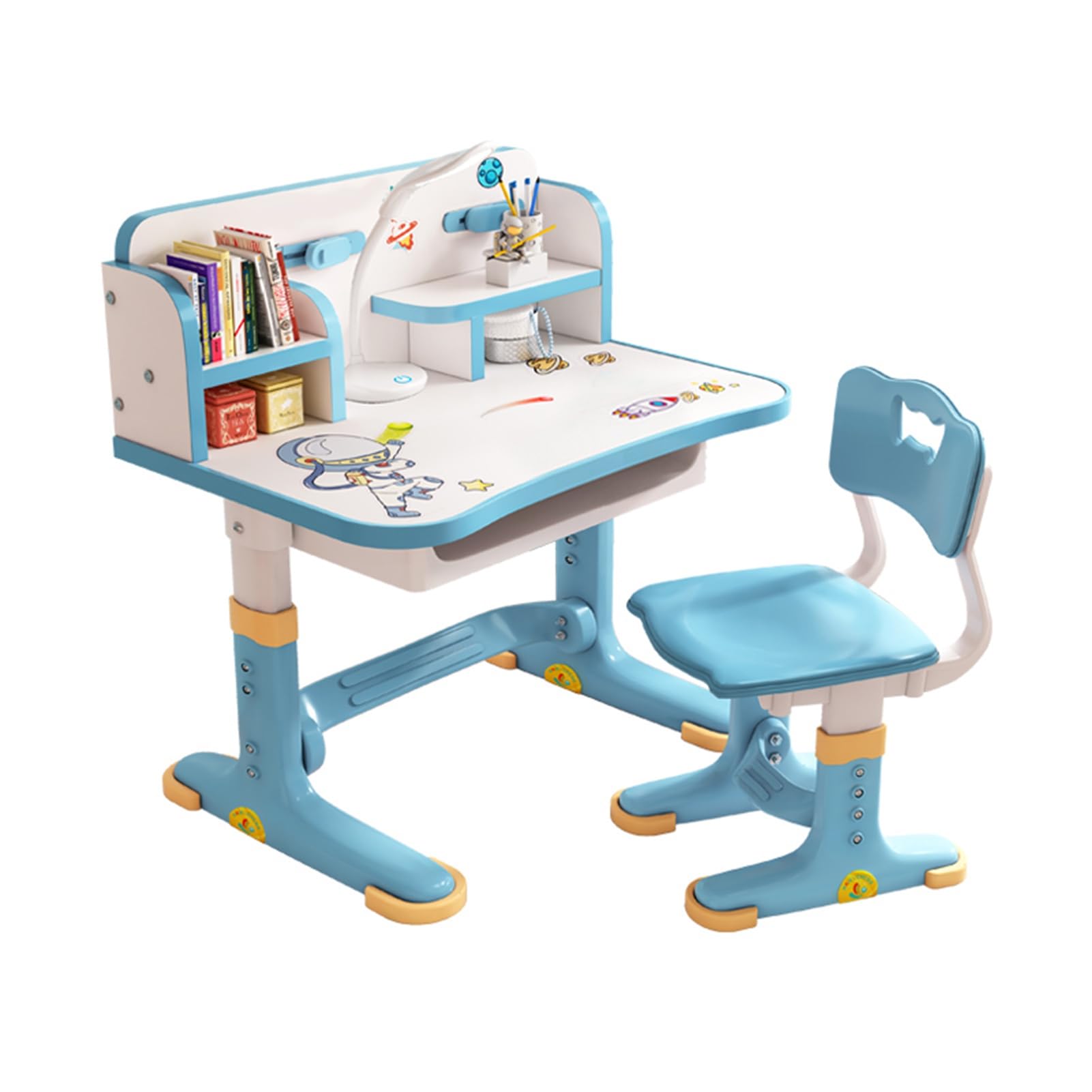 Awjaisca Kids Desk with Bookshelf,Widened Desktop Multi Separation Cartoon Pattern Desk Chair Set Kids Adjustable Height Study Table with Drawer Chair Set Blue