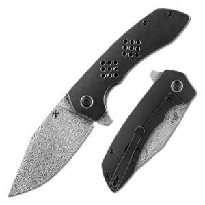 kansept entity pocket folding knives edc camping folding knife 3.52'' dmascus blade pocket folding knife with black ticn coated and stonewashed titanium handle everyday carry k1036b3