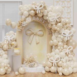 white bow balloon arch kit 143pcs double stuffed neutral pearl white sand beige cream balloon 18/10/5 inch different sizes for bowtie theme bridal shower wedding baby shower birthday party decoration