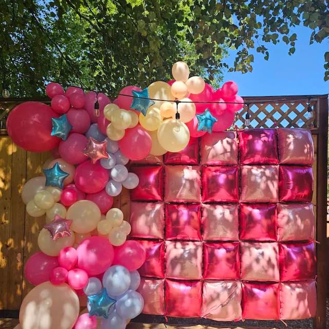 HILAVO 10PCS Hot Pink Square Balloons, Magenta Foil Balloons Wall Double Sided Metallic Balloon for Girls Women Bachelorette Birthday Engagement Bridal Shower Background Princess Party Decorations