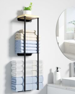 towel racks for bathroom, 2 tier wall towel holder with wood shelf, metal wall mounted towel rack bathroom organizers and storage, black -v1