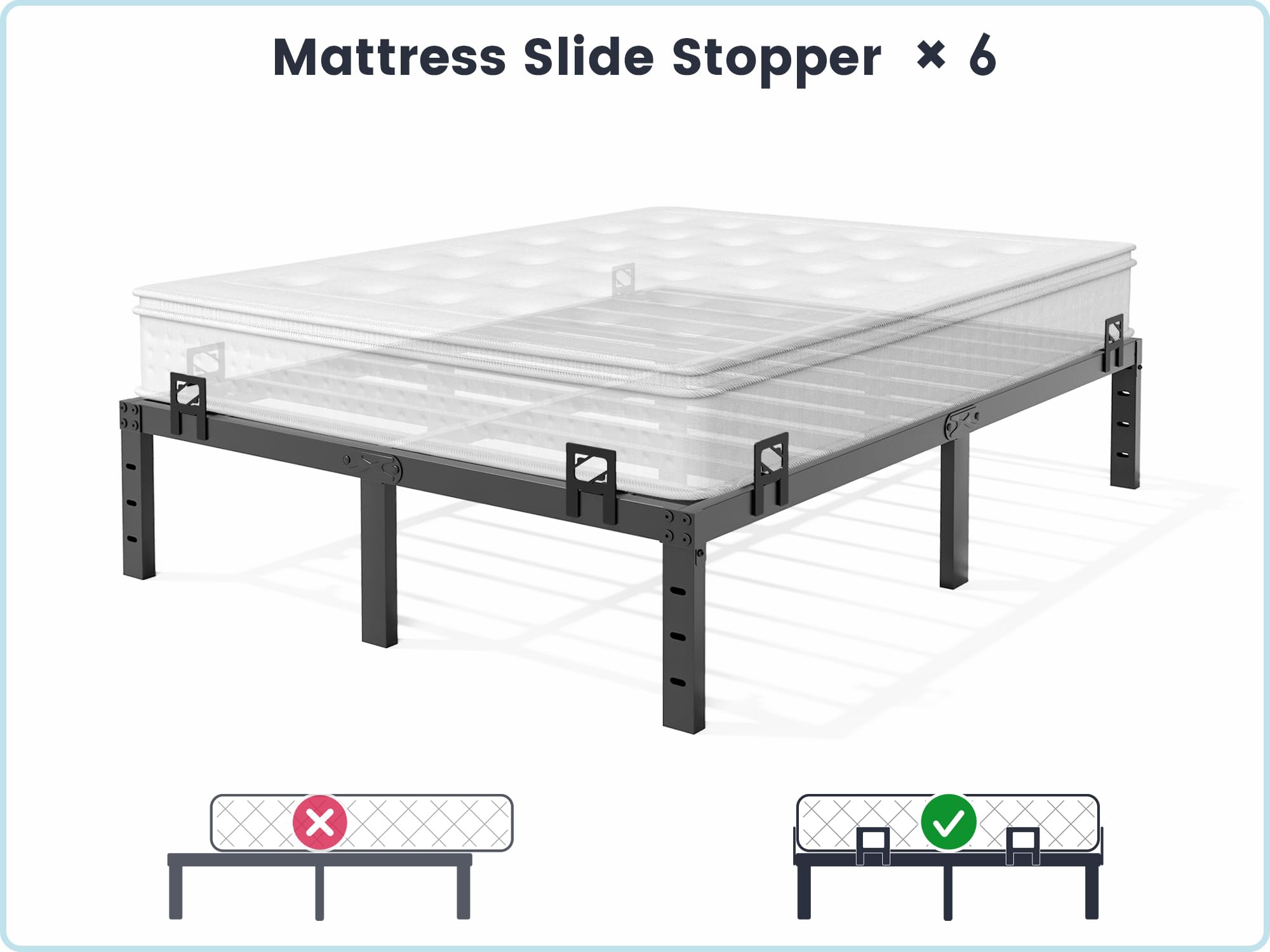 HAVONIZD Mattress-Slide-Stopper, 6-PCS, Mattress-Holder for Metal Bed-Frame, Non-Slip Mattress-Gaskets, Keep-Mattress-from-Sliding, Adjustable Size, Black