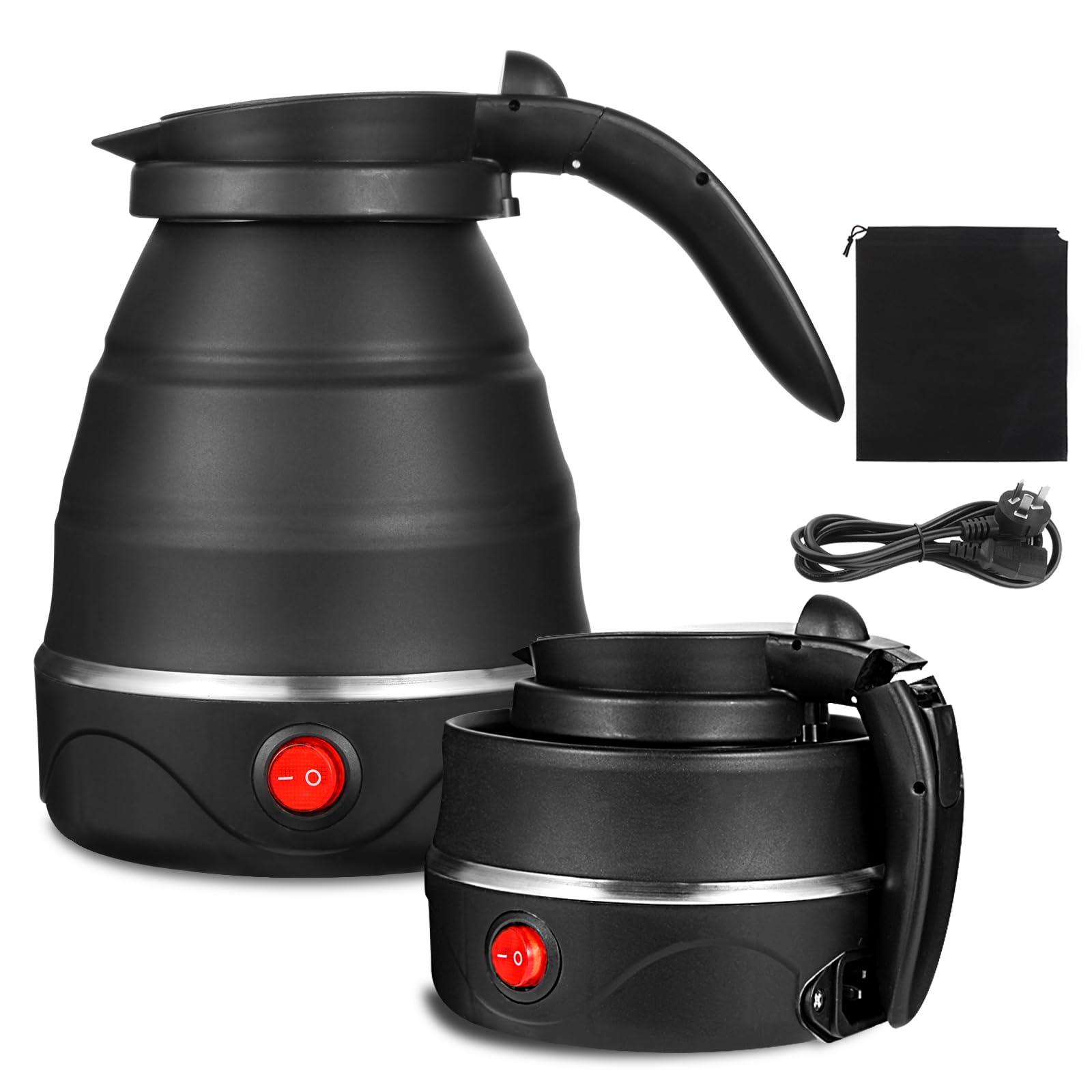 0.6L Collapsible Travel Kettle 110V, Foldable Handle Design for More Portability, Food Grade Silicone Small Electric Tea Kettle for Fast Water Boiling, Black