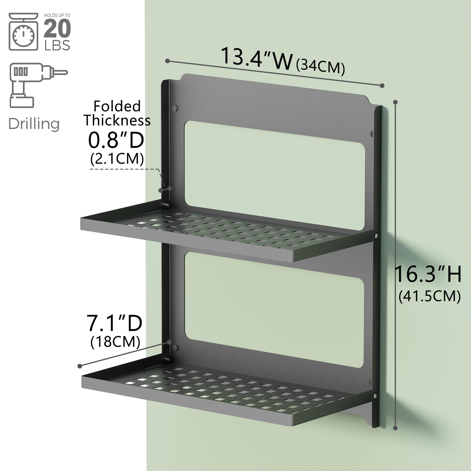 SKIKEN 2-Tier Folding Metal Shelf Wall Mounted | Small Foldable Wall Shelf | Dorp Down | Combined Stackable | Small Combined Floating Shelf for Laundry Room Bathroom Utility RV | 13.4" (Black)