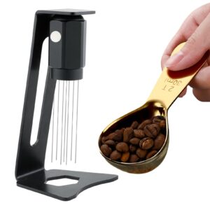 espresso distribution tool wdt tools - espresso needles coffee stirrer with magnets and stand & stainless steel measuring spoons with 2tablespoon for coffee beans, tea, milk powder and more (golden)