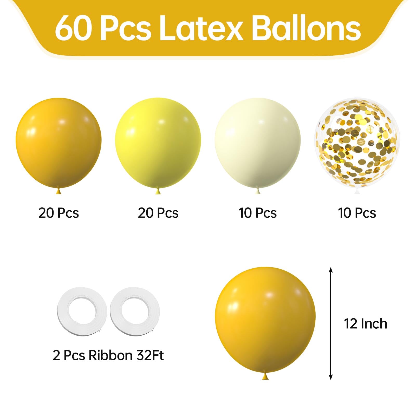 KALOR Yellow and Metallic Gold Balloons, 60 Pcs 12 Inch Gold Confetti Latex Balloons for Baby Shower Birthday Bridal Shower Wedding Party Decorations